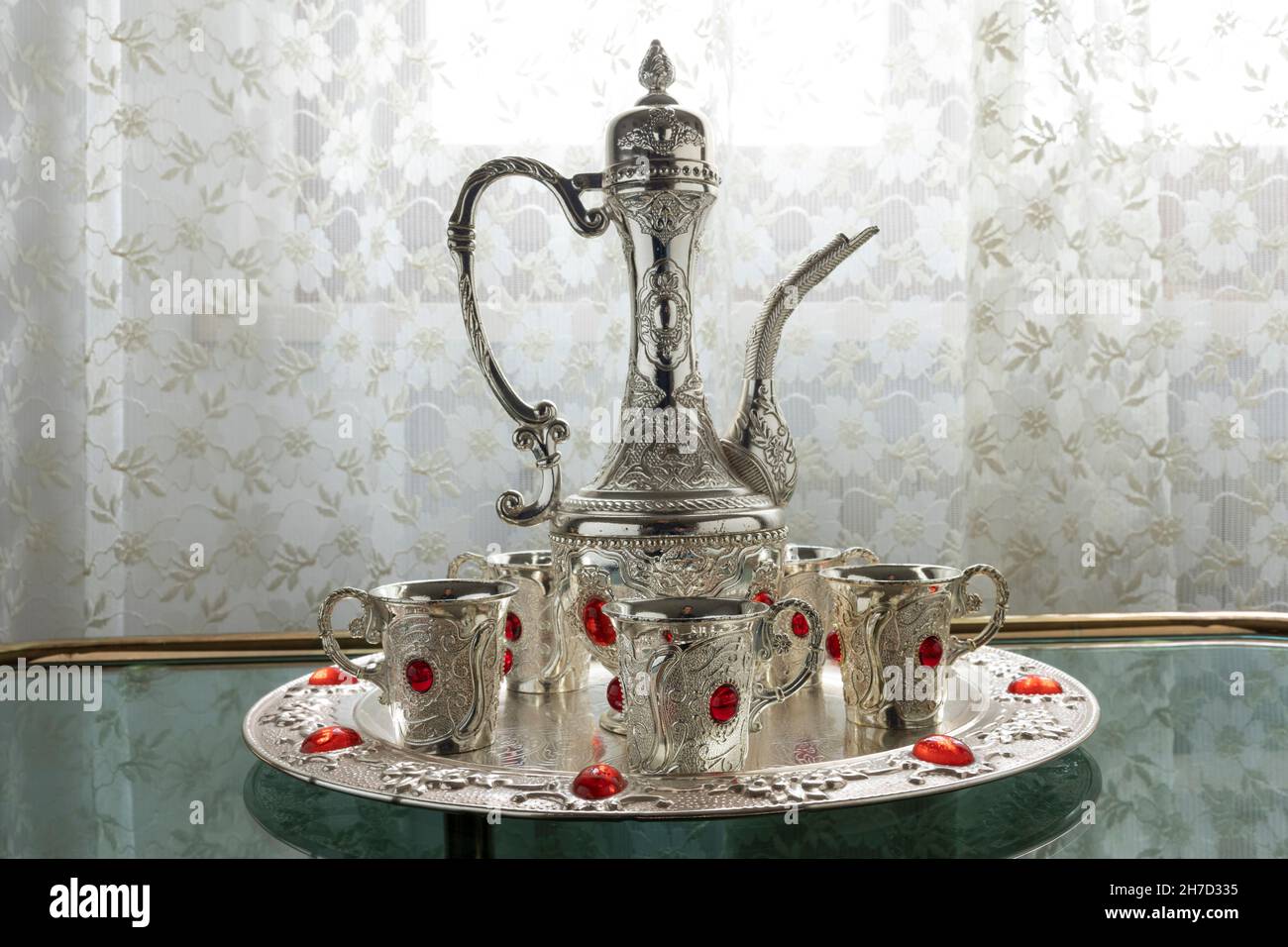 Silver tea service in a home setting Stock Photo - Alamy