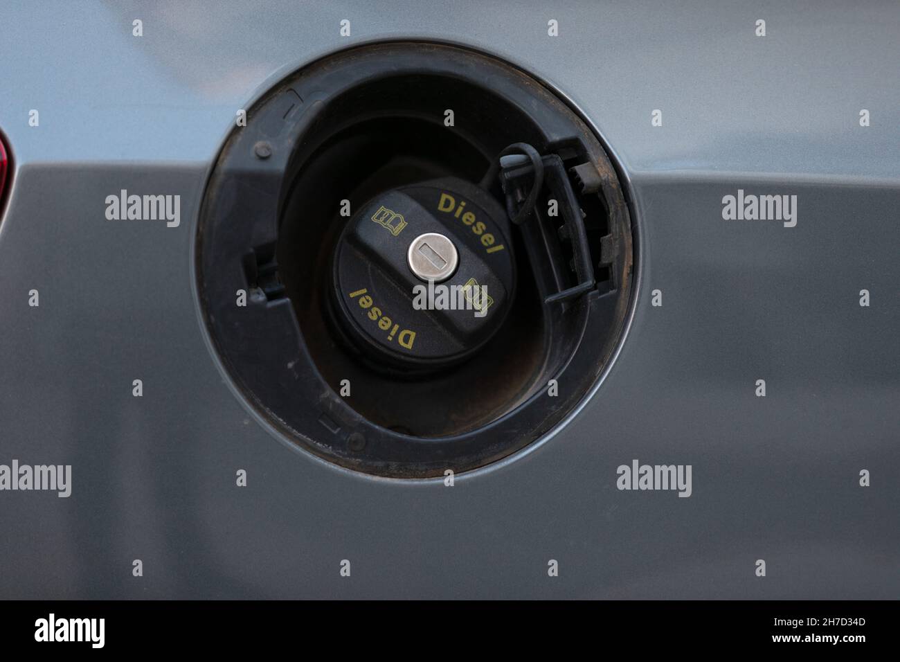Close up picture of an open fuel tank cap car for filling diesel Stock ...