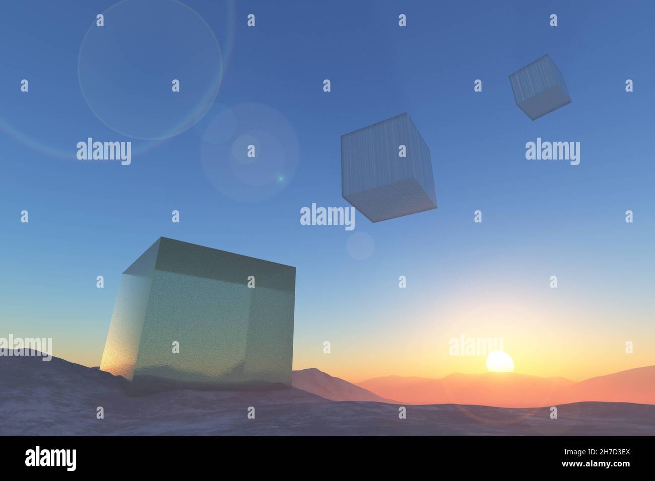 Glass cubes flying into sunset, 3D illustration rendering Stock Photo ...