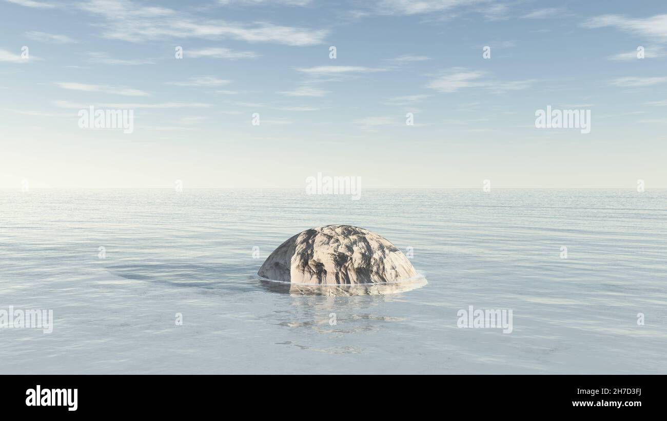 Meteorite or asteroid stone swimming in the ocean, 3D illustration ...