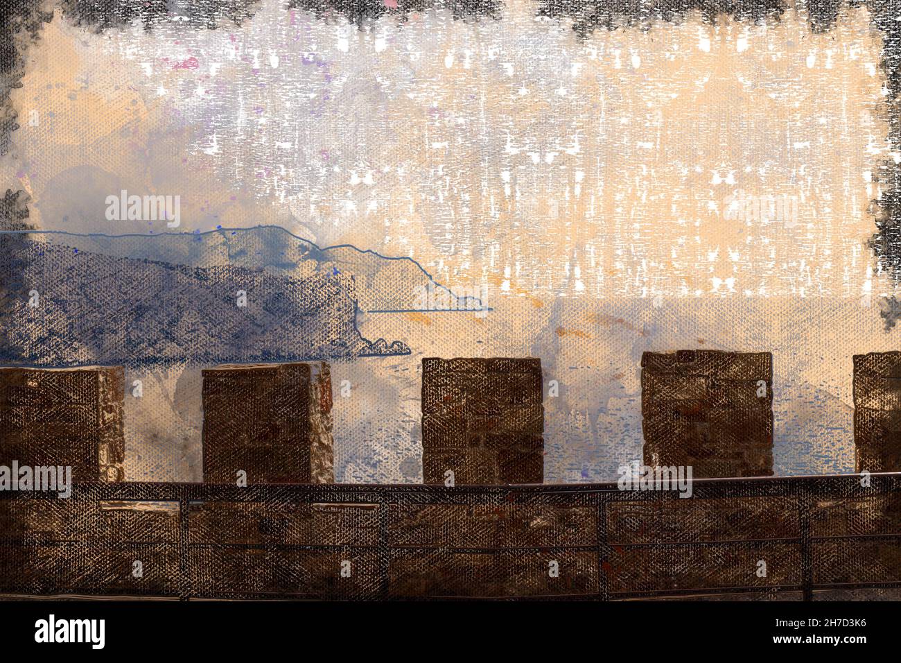 An old fortress wall against the mountains and the sea bay. European ...