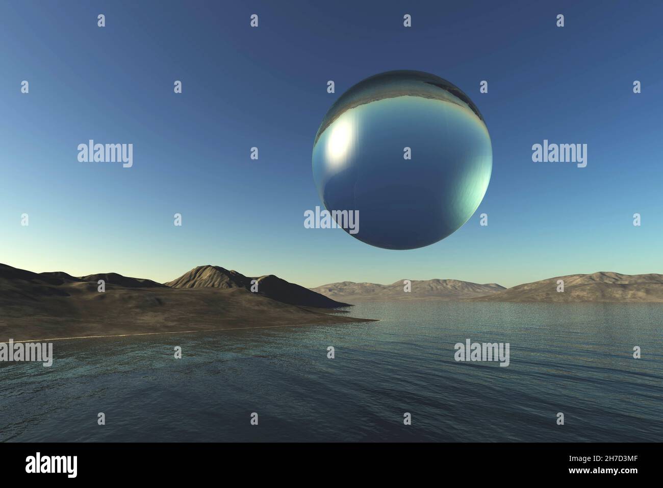 Glass sphere flying over the sea, alien UFO landing Stock Photo - Alamy