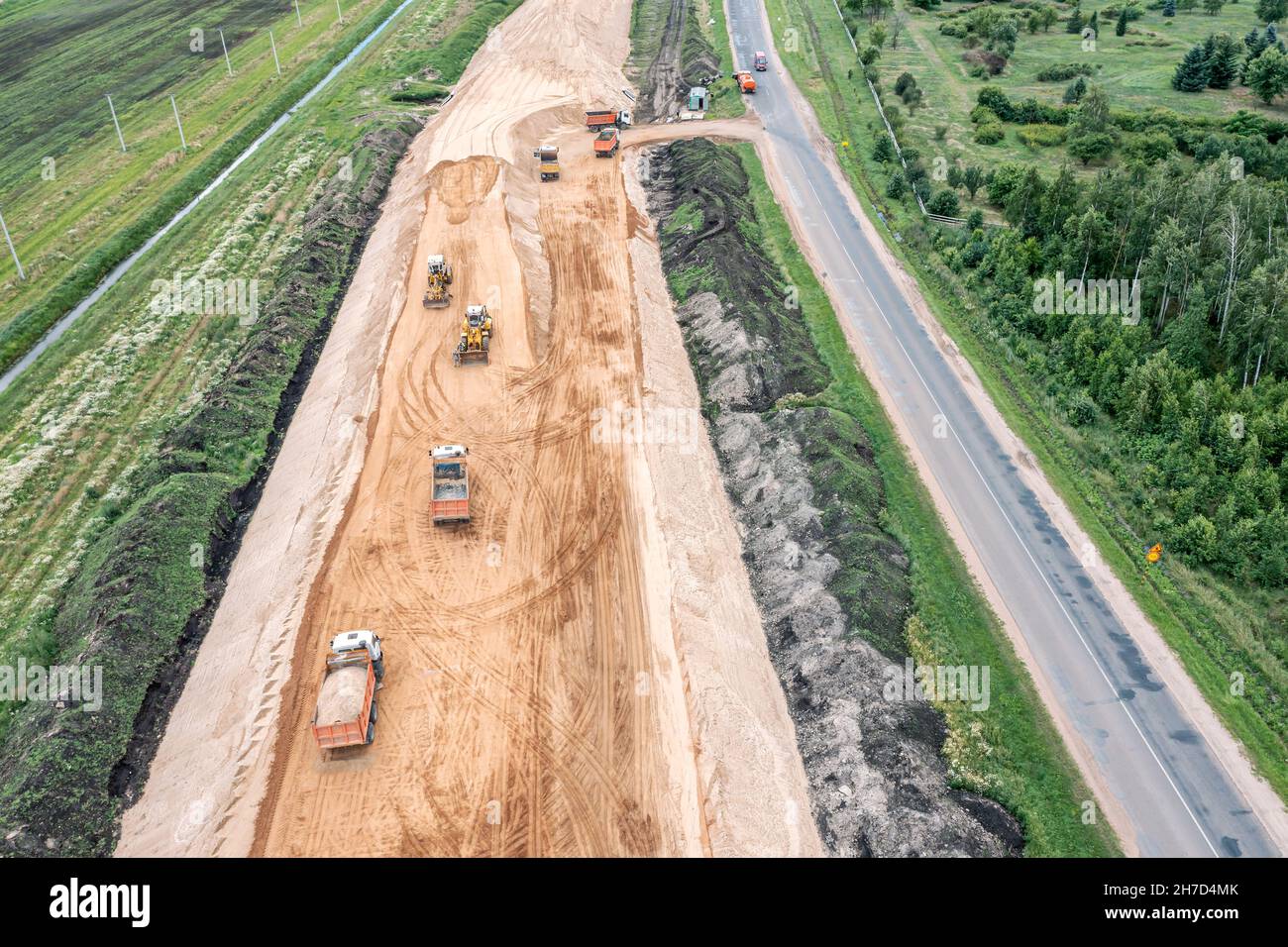 aerial view of new freeway under construction. heavy construction ...