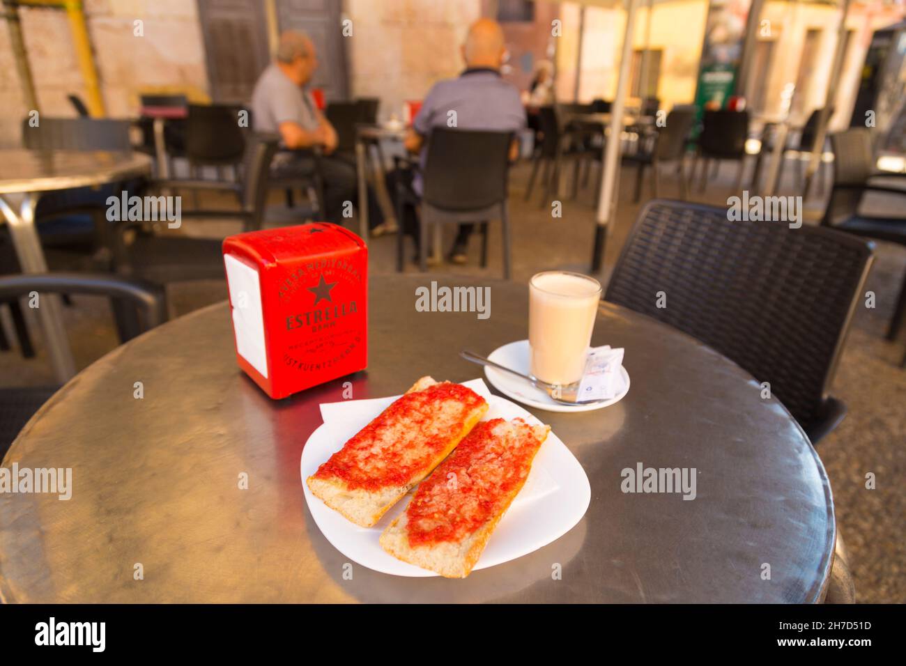 Tostado, tomato and olive oil on toast, with coffee, tapas bar, Spain ...