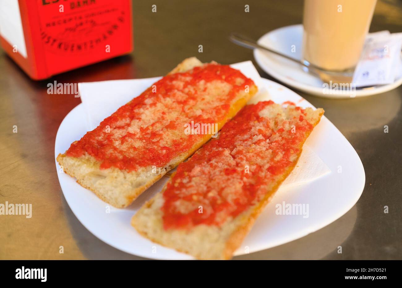 Tostado, tomato and olive oil on toast, with coffee, tapas bar, Spain ...