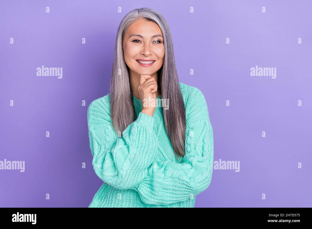 Photo of cheerful lady hand touch chin confident smart think idea ...
