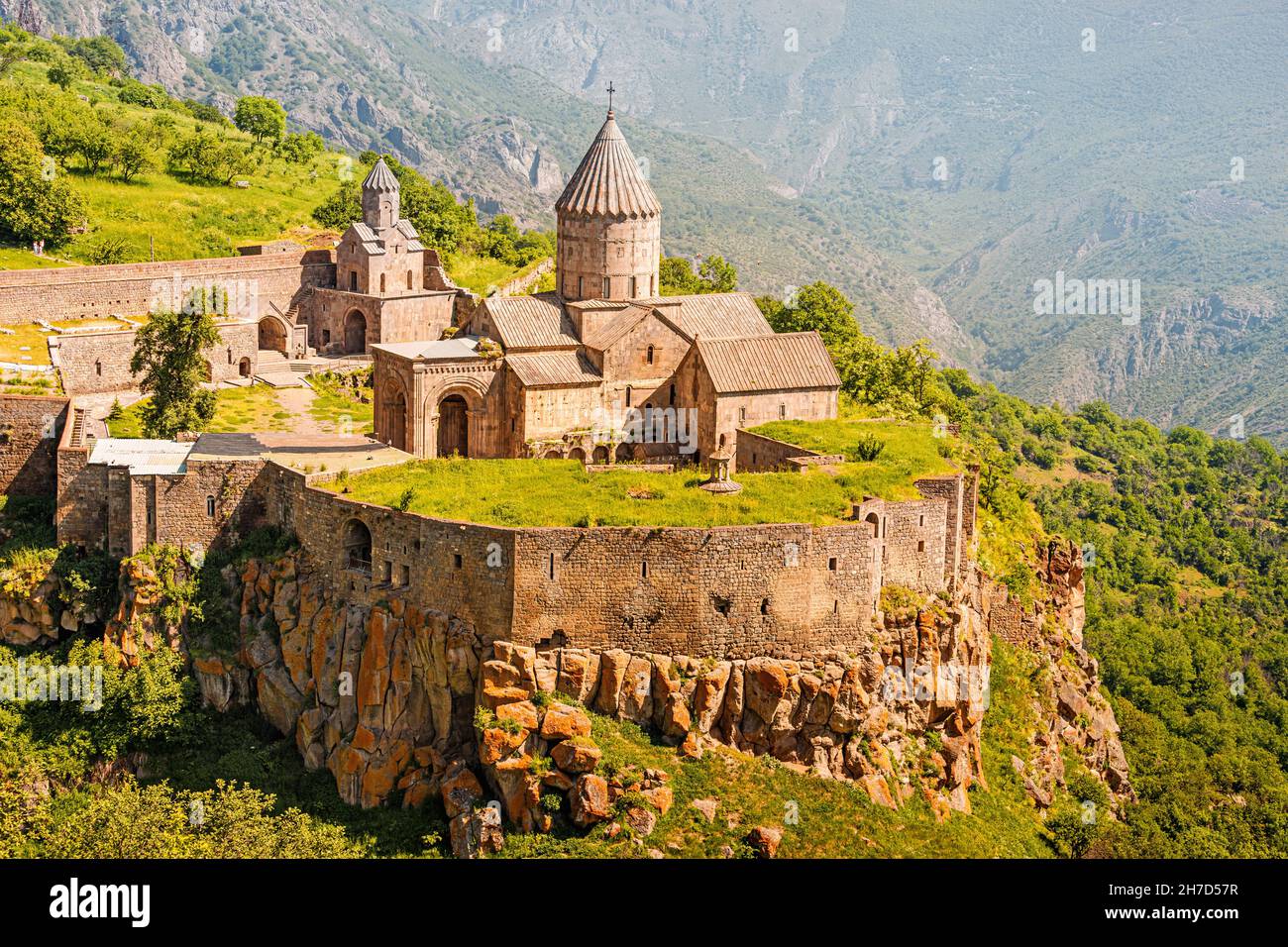 Majestic Tatev Monastery located on an inaccessible basalt rock with ...
