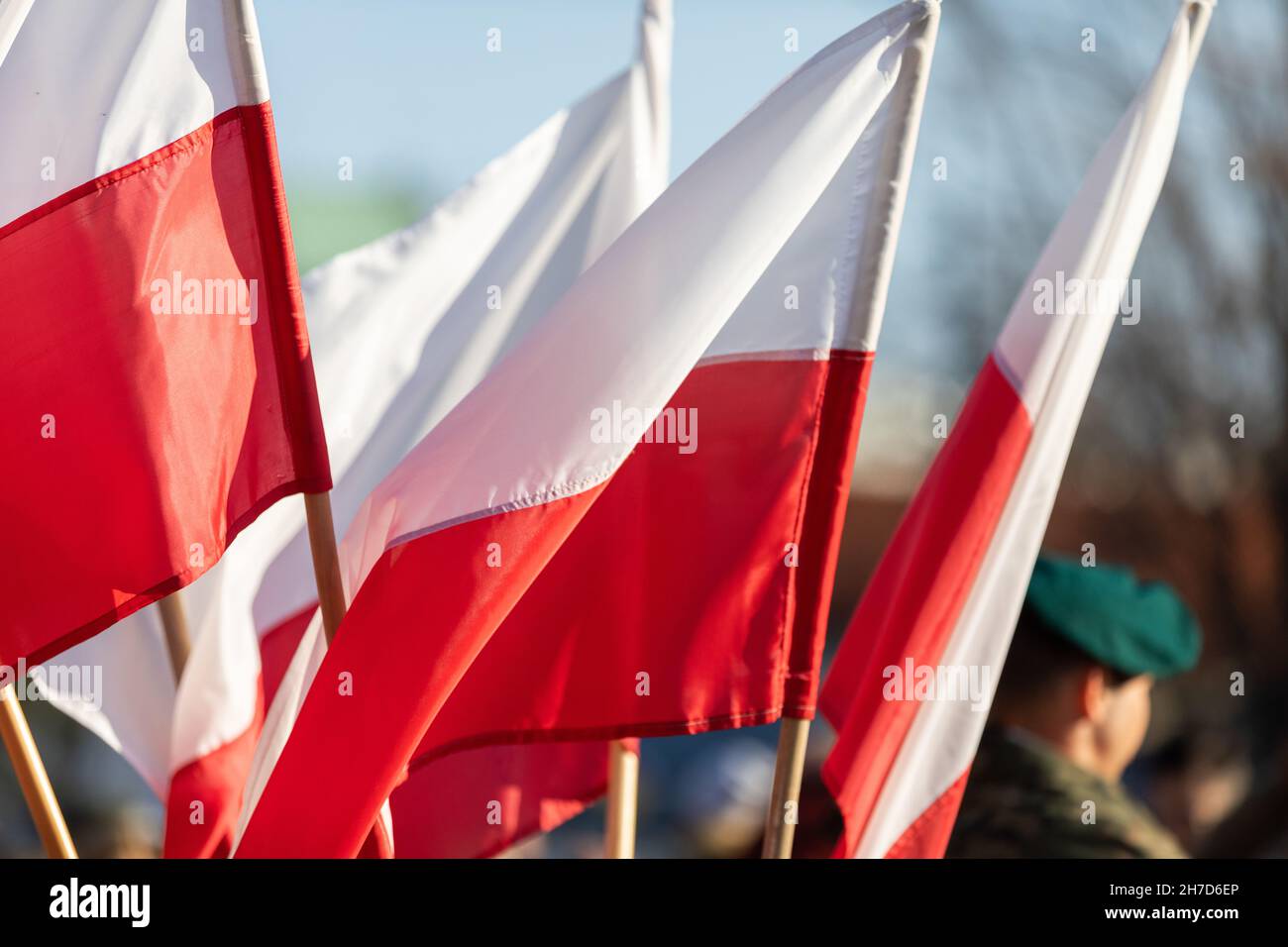 Polish flags are flying and in the background stands a soldier in ...