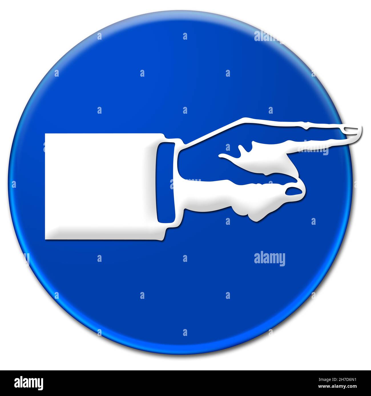 Hand point sign on a blue glassy button isolated over white background ...