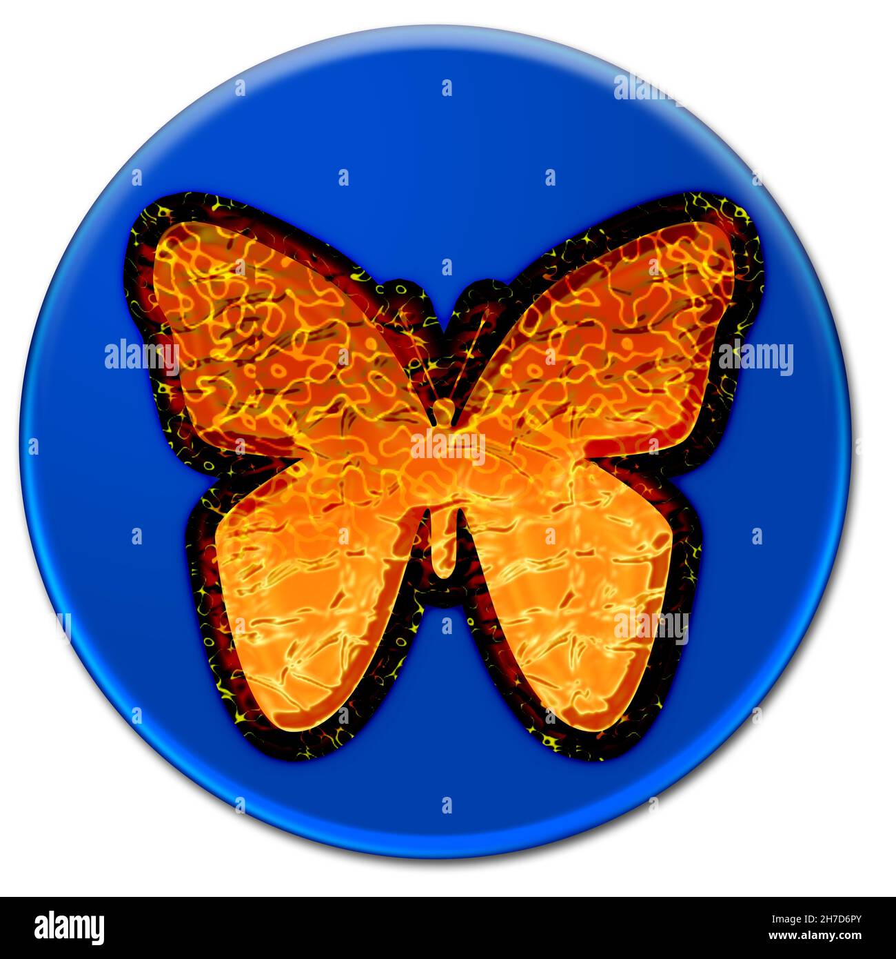 Illustration art of a fire butterfly on a blue glassy button isolated ...