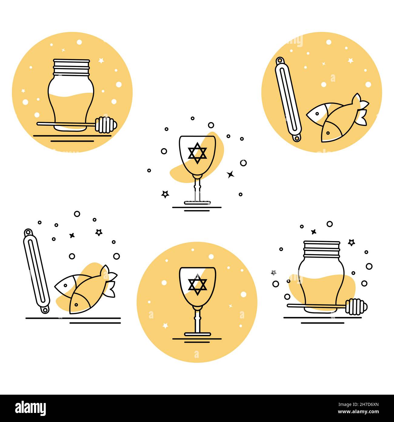 Vector illustration Israel Religious Mezuzah Fish Honey Wine glass Star ...