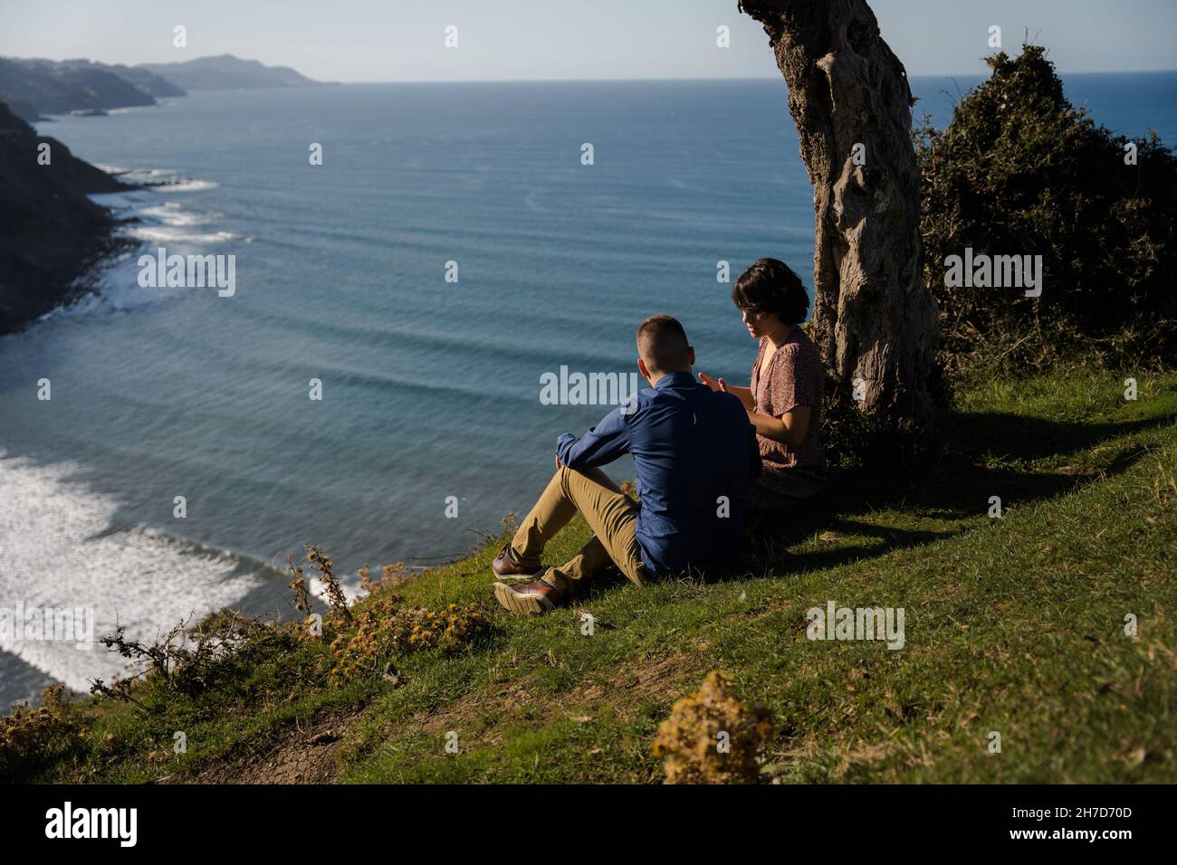 Cute young couple sitting on the grass on a cliff next to a tree Stock ...