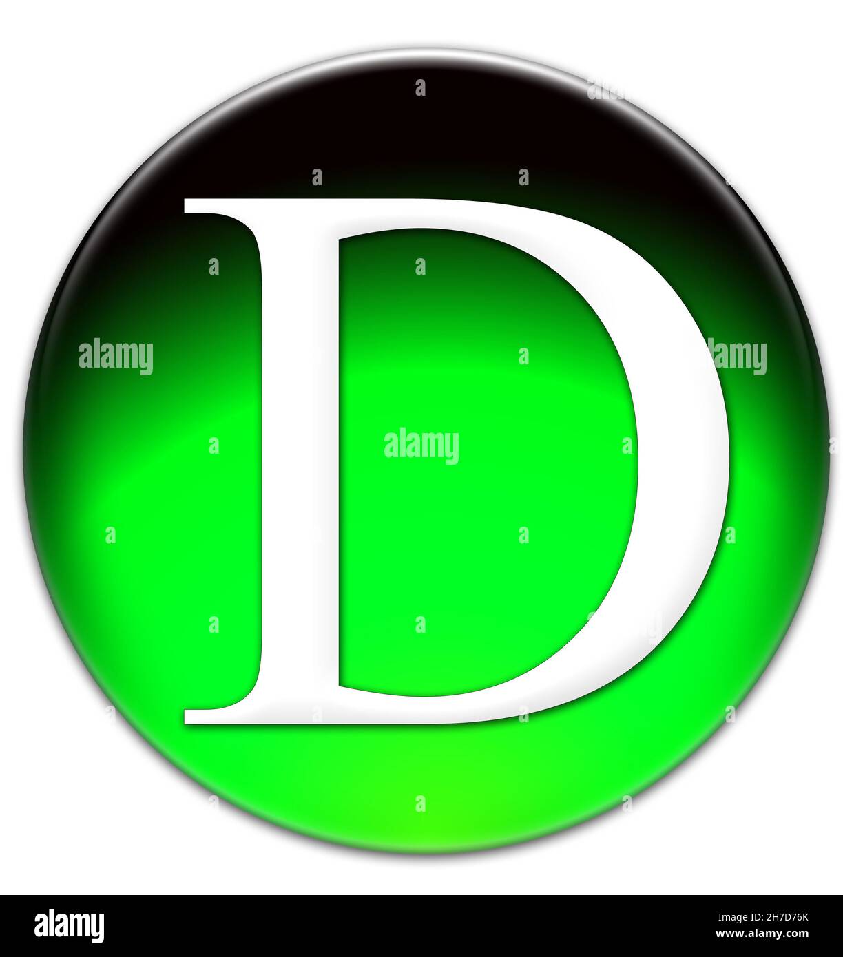 Letter D Times New Roman font type on a green glassy button isolated ...
