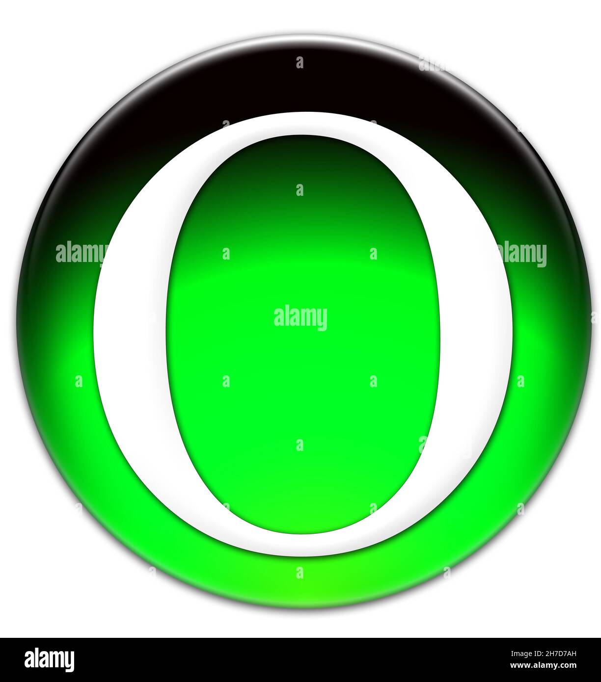 Letter O Times New Roman font type on a green glassy button isolated ...