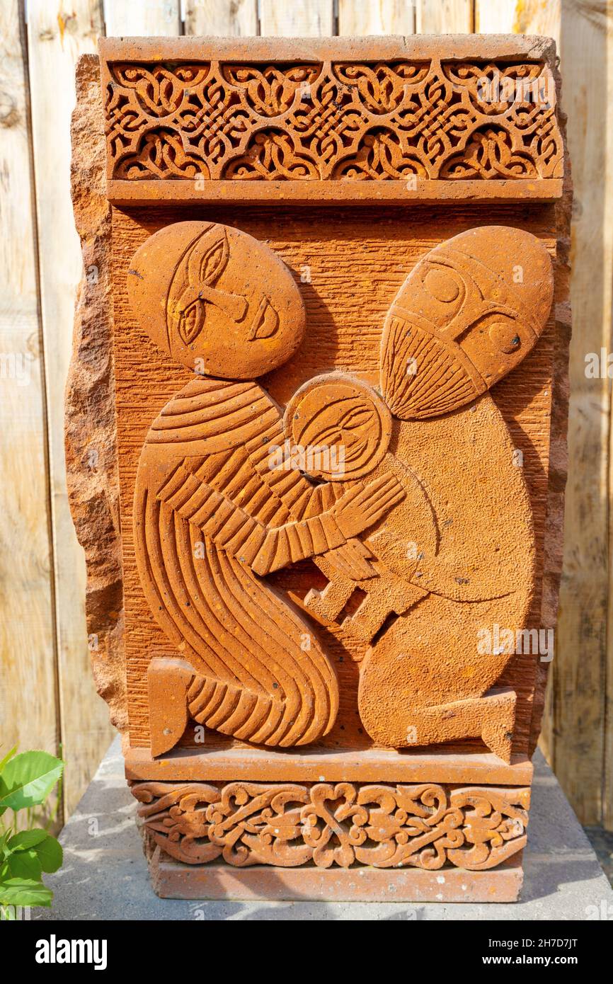 18 May 2021, Vagharshapat, Armenia: a khachkar carved from stone with ...