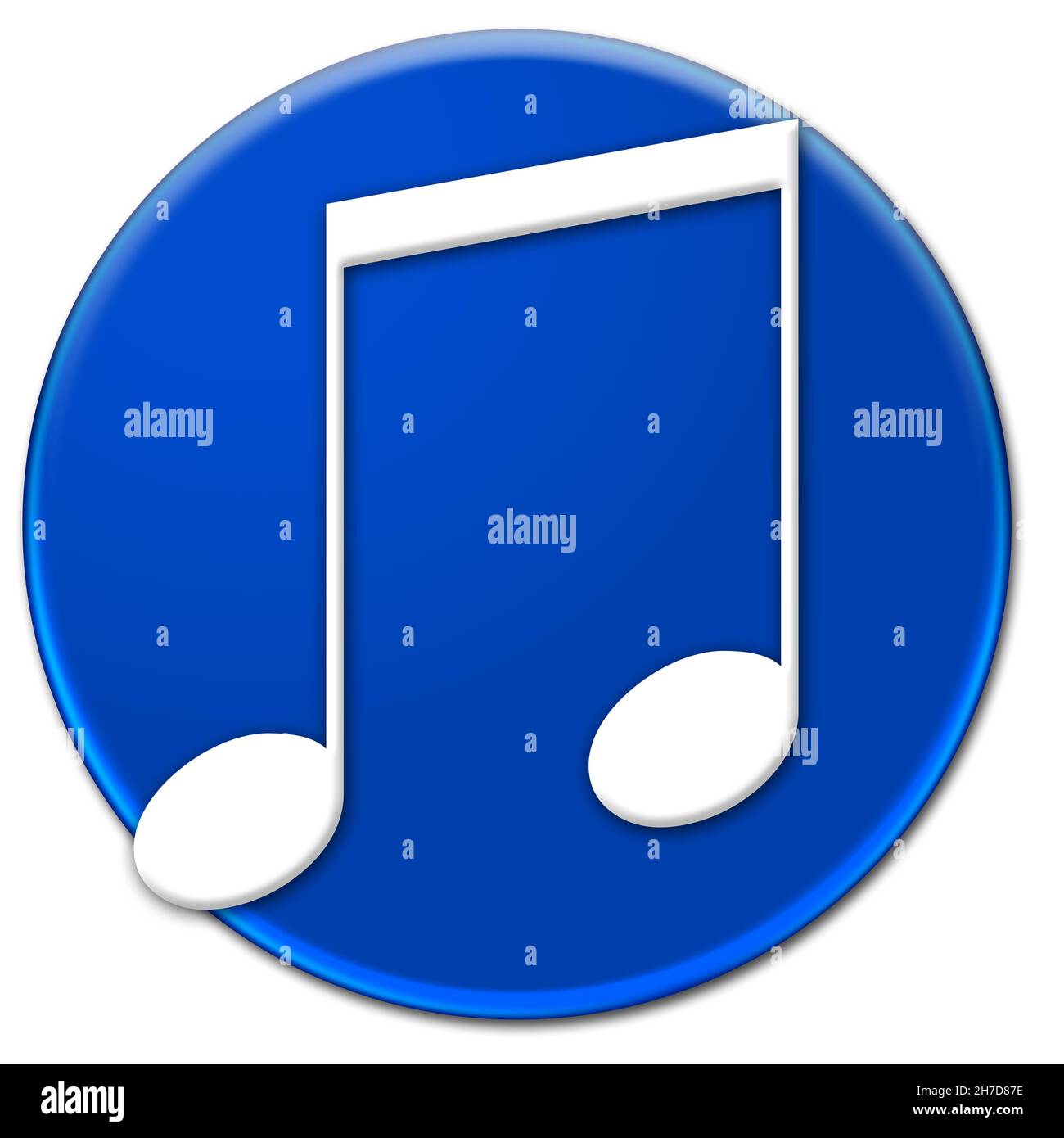 Two music notes combined on a blue glassy button isolated over white ...