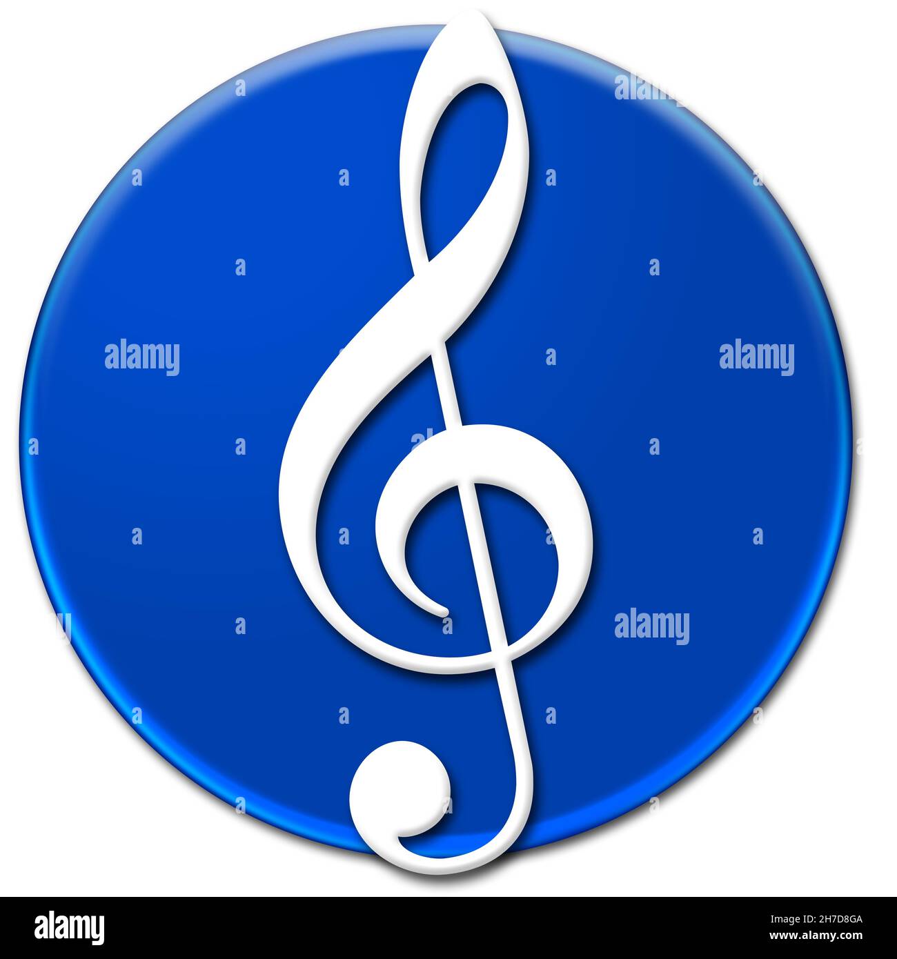 White treble clef sign on a blue glassy button isolated over white ...