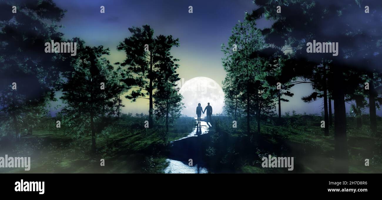 Magical night scene in nature. Mountain landscape with big moon in sky ...