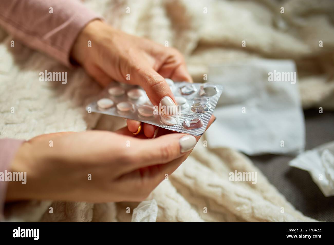 Top view Sick woman putting medicine in hand and take it Stock Photo ...