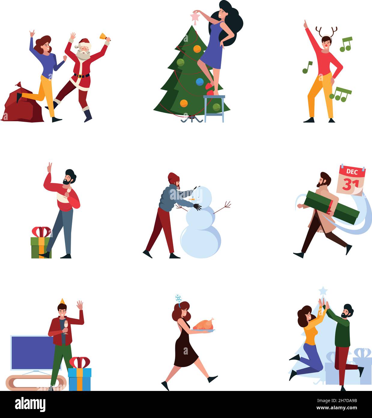 Christmas characters. New year celebration people with gifts and funny ...