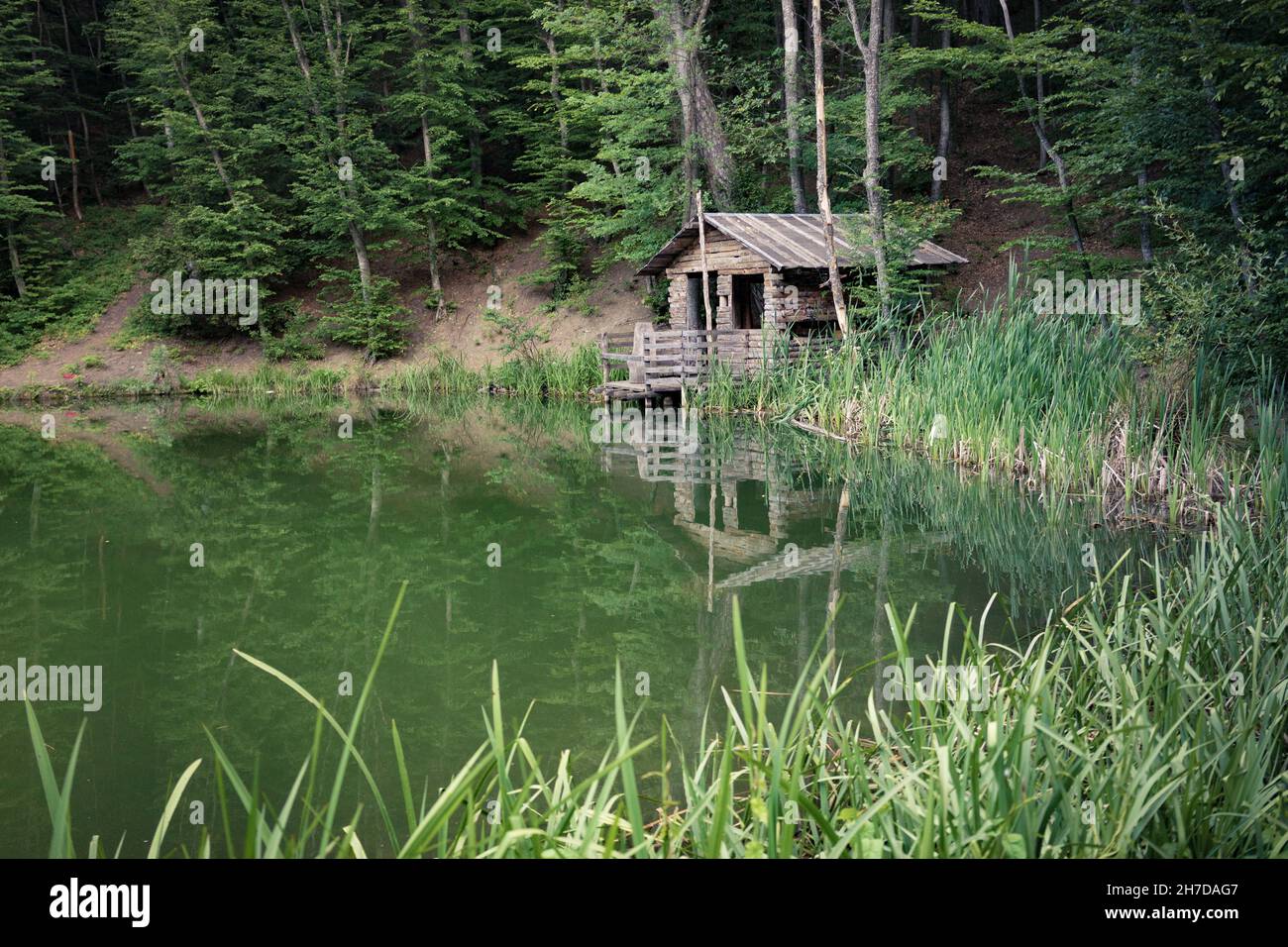 Yalta, Crimea. wooden house on the shore of a small lake surrounded by ...