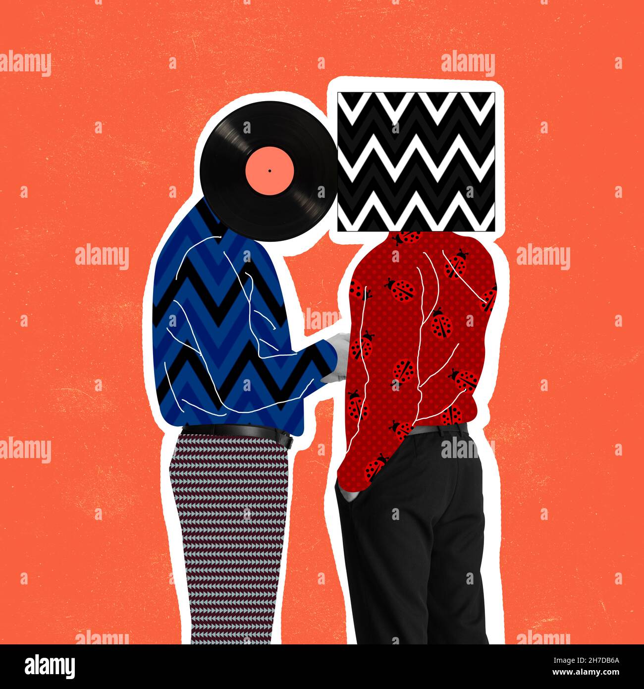 Contemporary art collage of wo men enjoying vinyl records isolated over ...