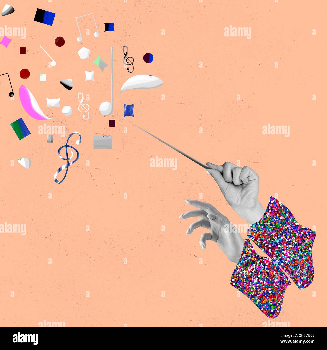 Contemporary art collage of female hands conducting music notes ...