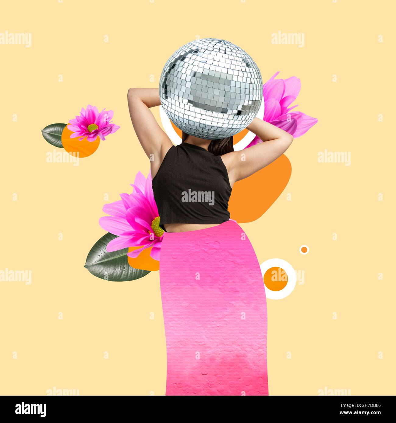 Contemporary art collage of woman with disco ball head isolated over ...
