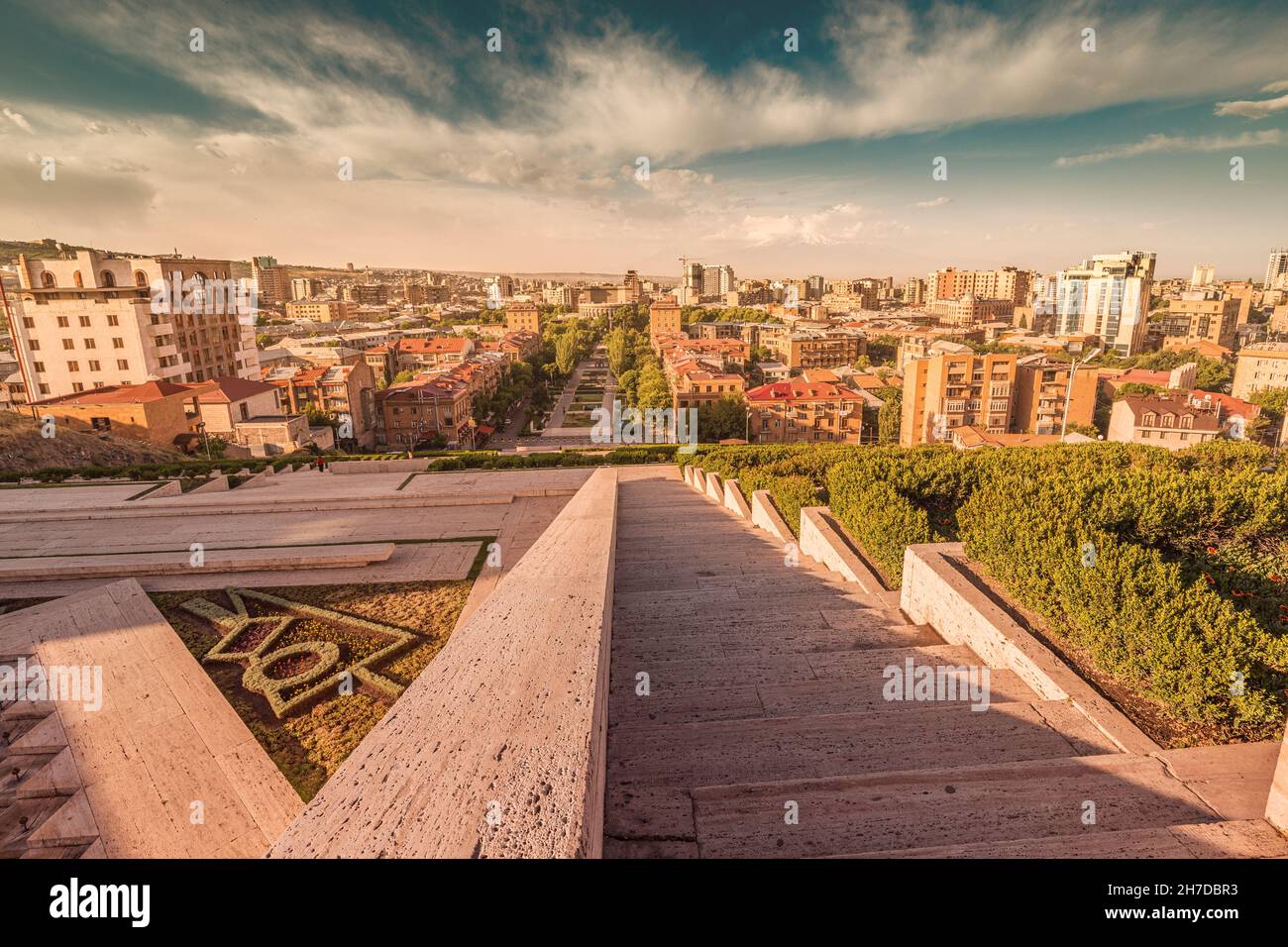 Morning view of famous Cascade stairway monument in Yerevan. Travel ...