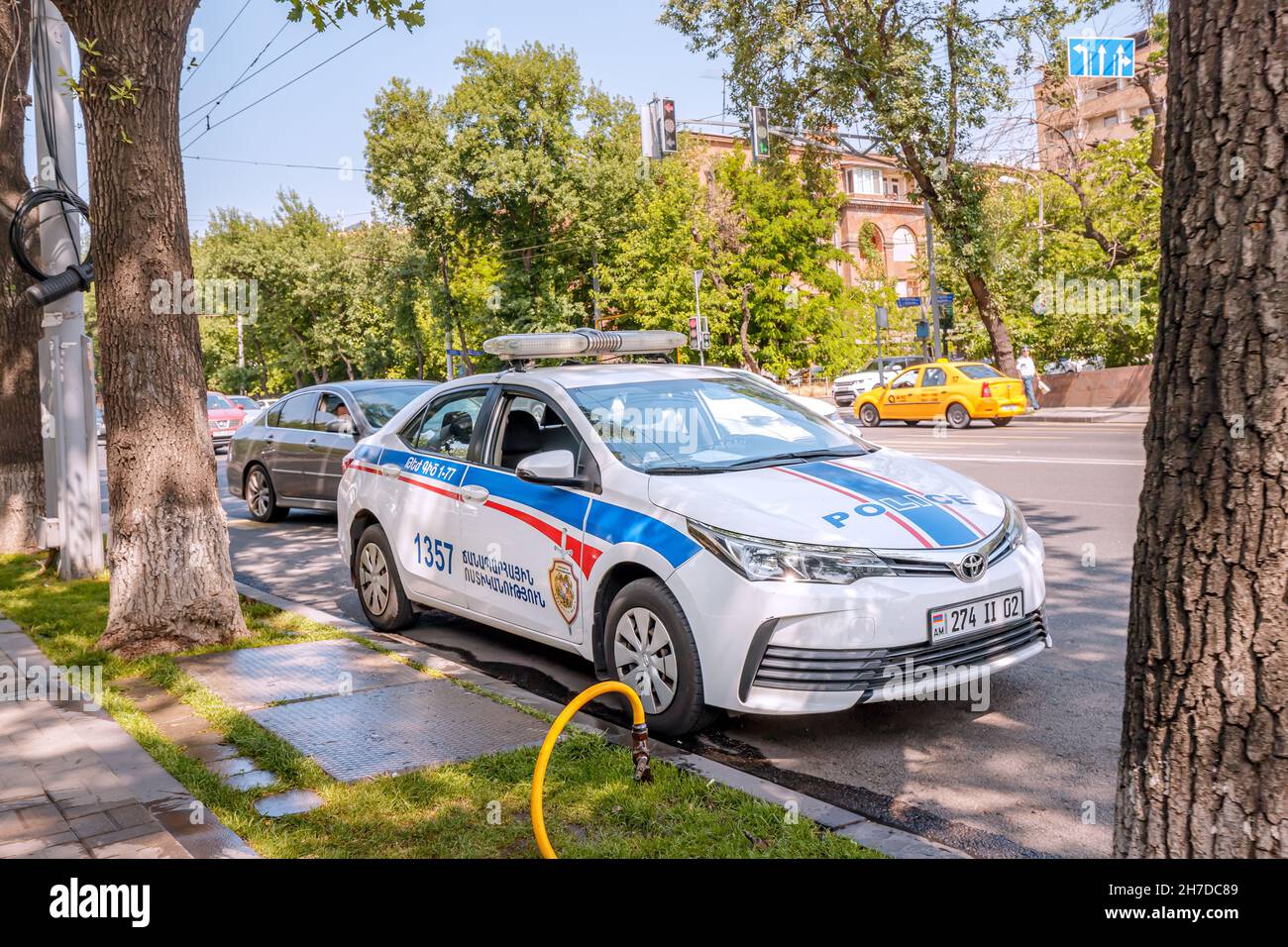 25 May 2021, Yerevan, Armenia: A police car on duty patrols and ...