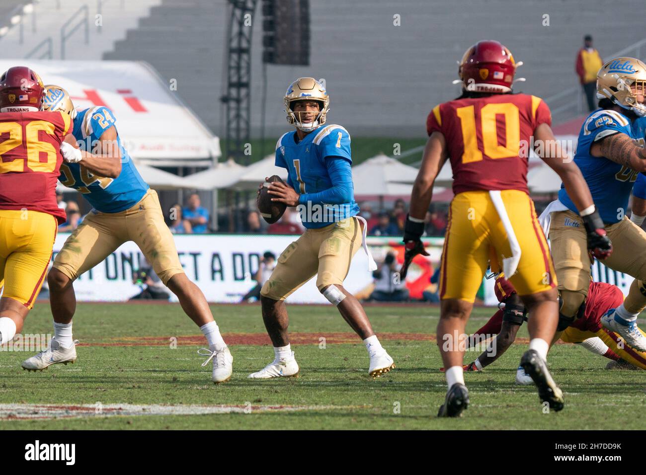 during a NCAA football game, Saturday, Nov. 20, 2021, in Los Angeles ...
