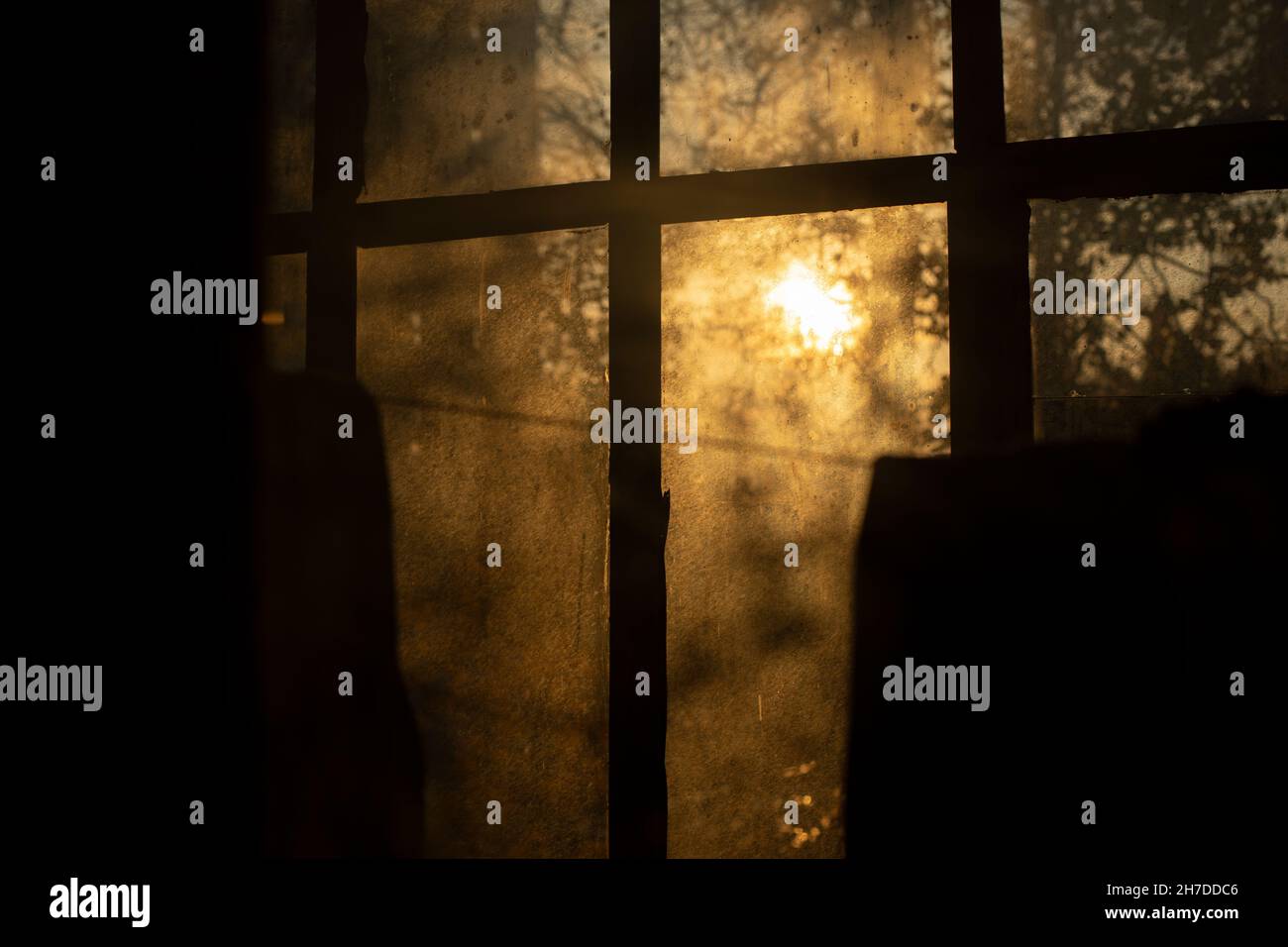 The sun shines through the window in the morning. Warm atmosphere in ...