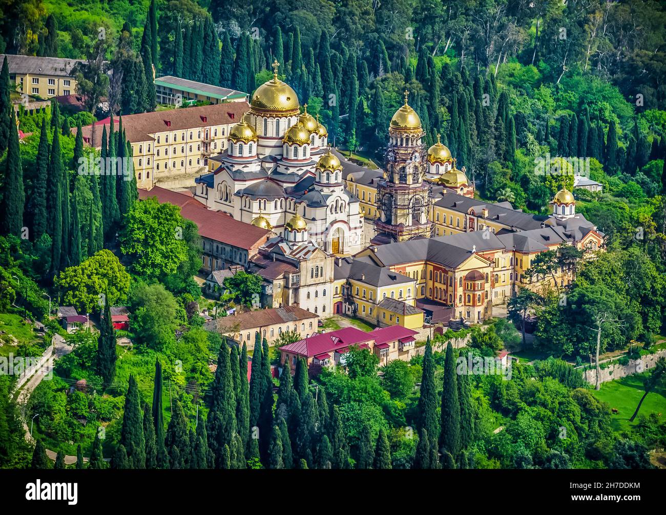 Landscape with a view of the new Athos monastery. New Athos, Abkhazia ...