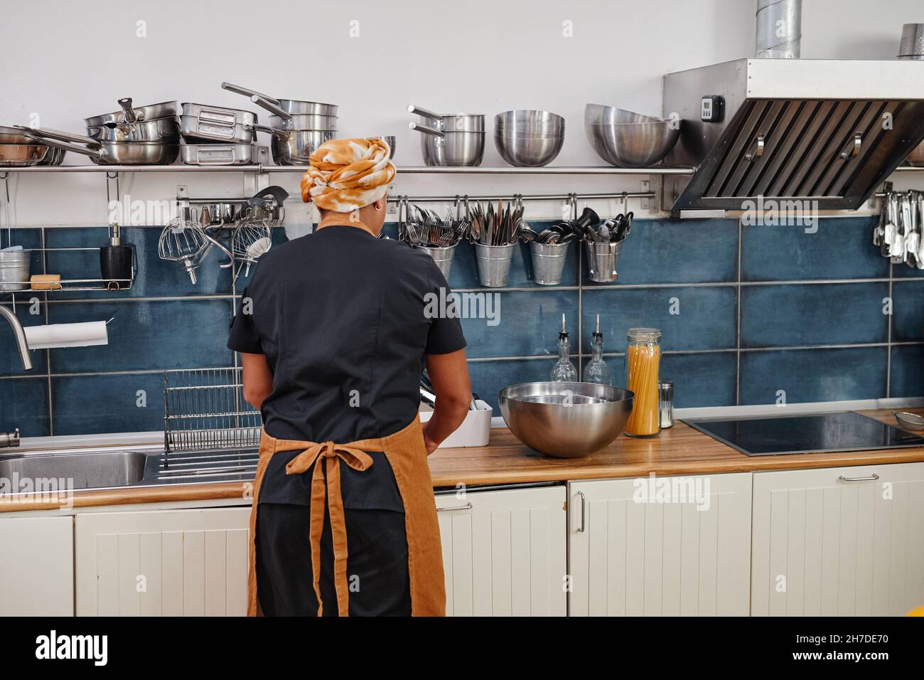 Back view portrait of professional cook working in industrial kitchen ...