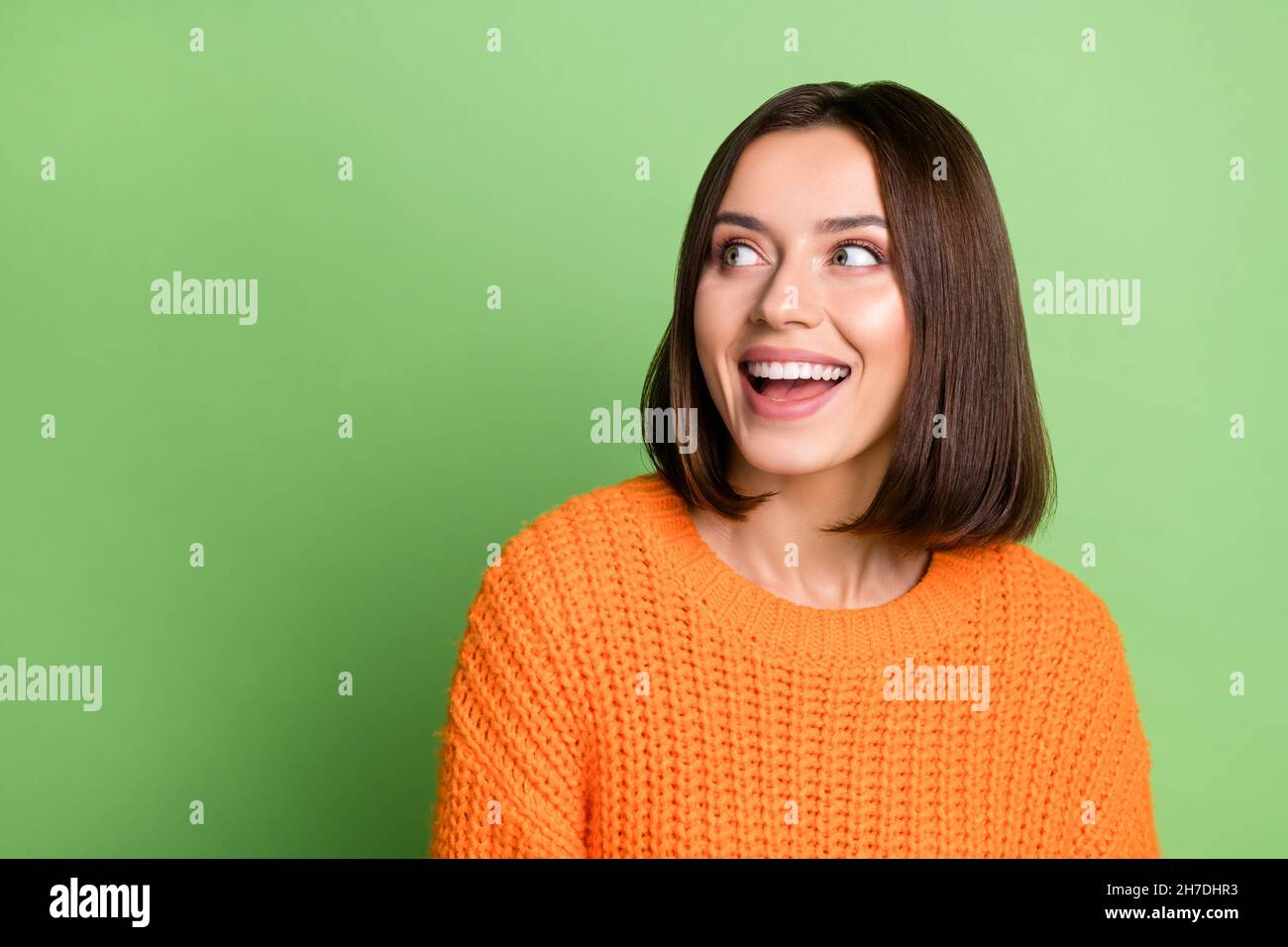 Portrait of attractive funny cheerful girl fantasizing copy space ad ...