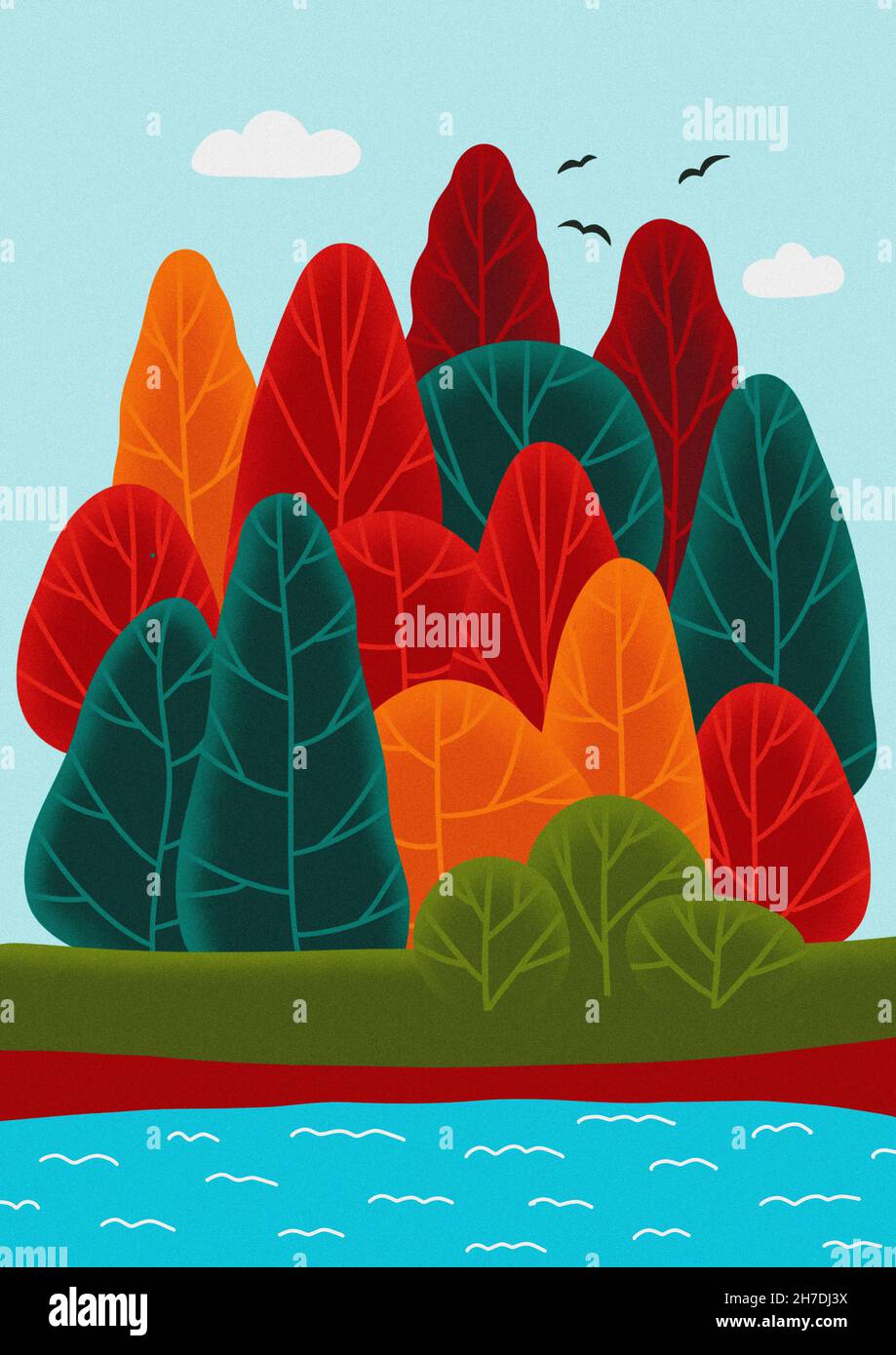 Forest illustration. Lots of red trees background. Magical orange ...