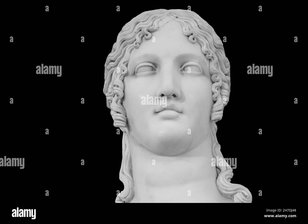 Gypsum copy of ancient statue Venus head isolated on black background ...