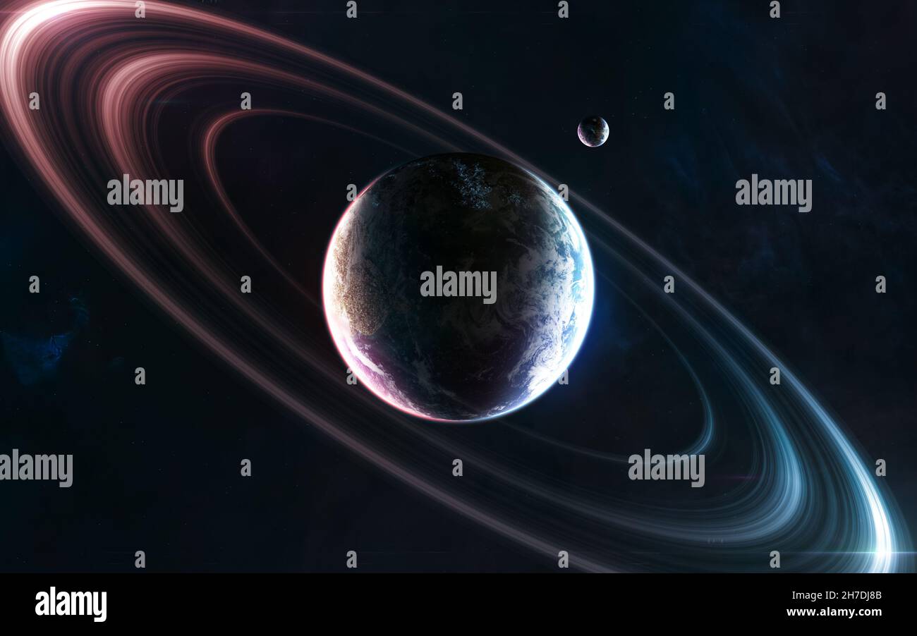Deep space planet in light of red and blue star Stock Photo - Alamy