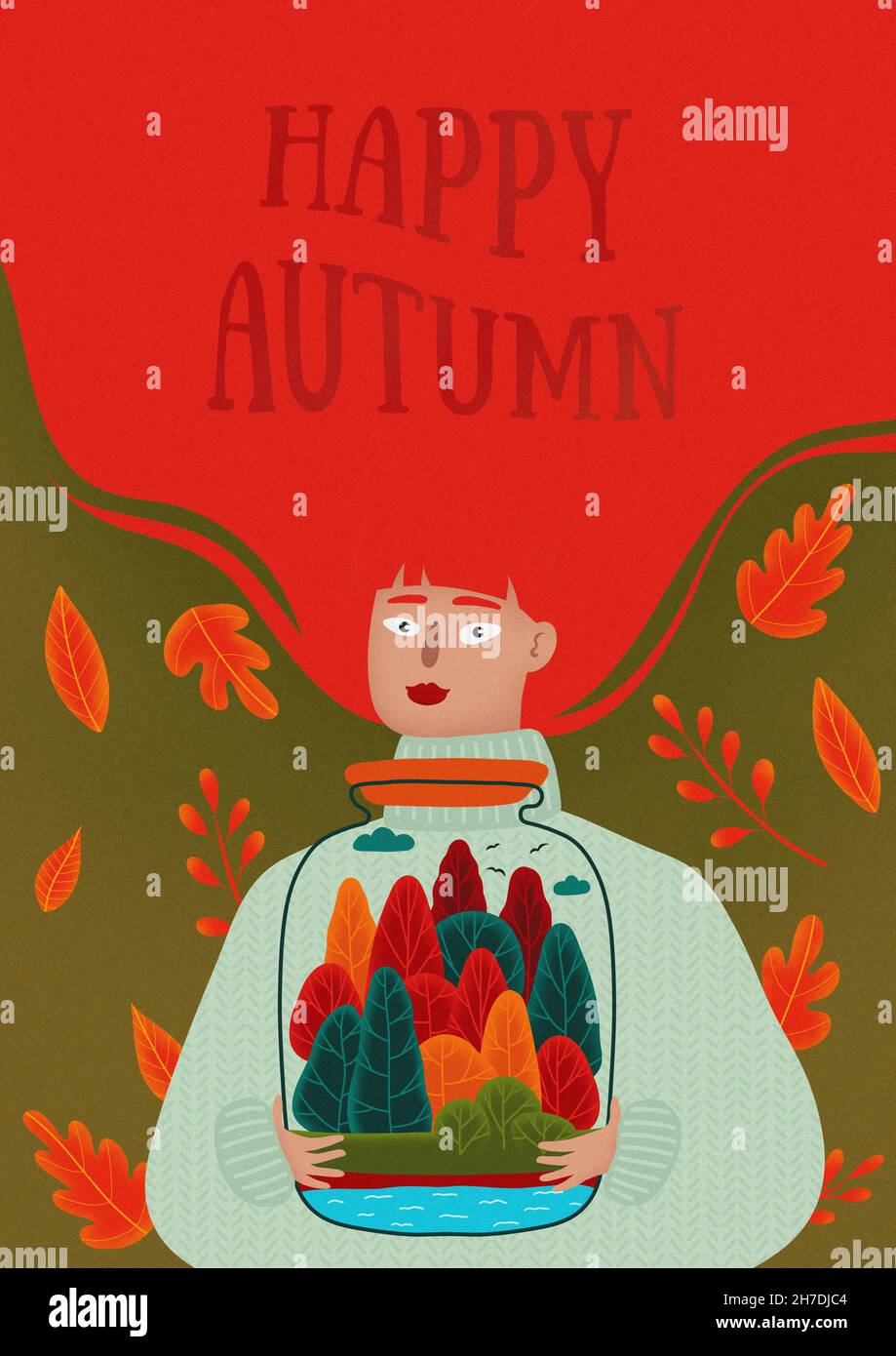 Happy autumn poster illustration. Hand drawn children book cover. Girl ...