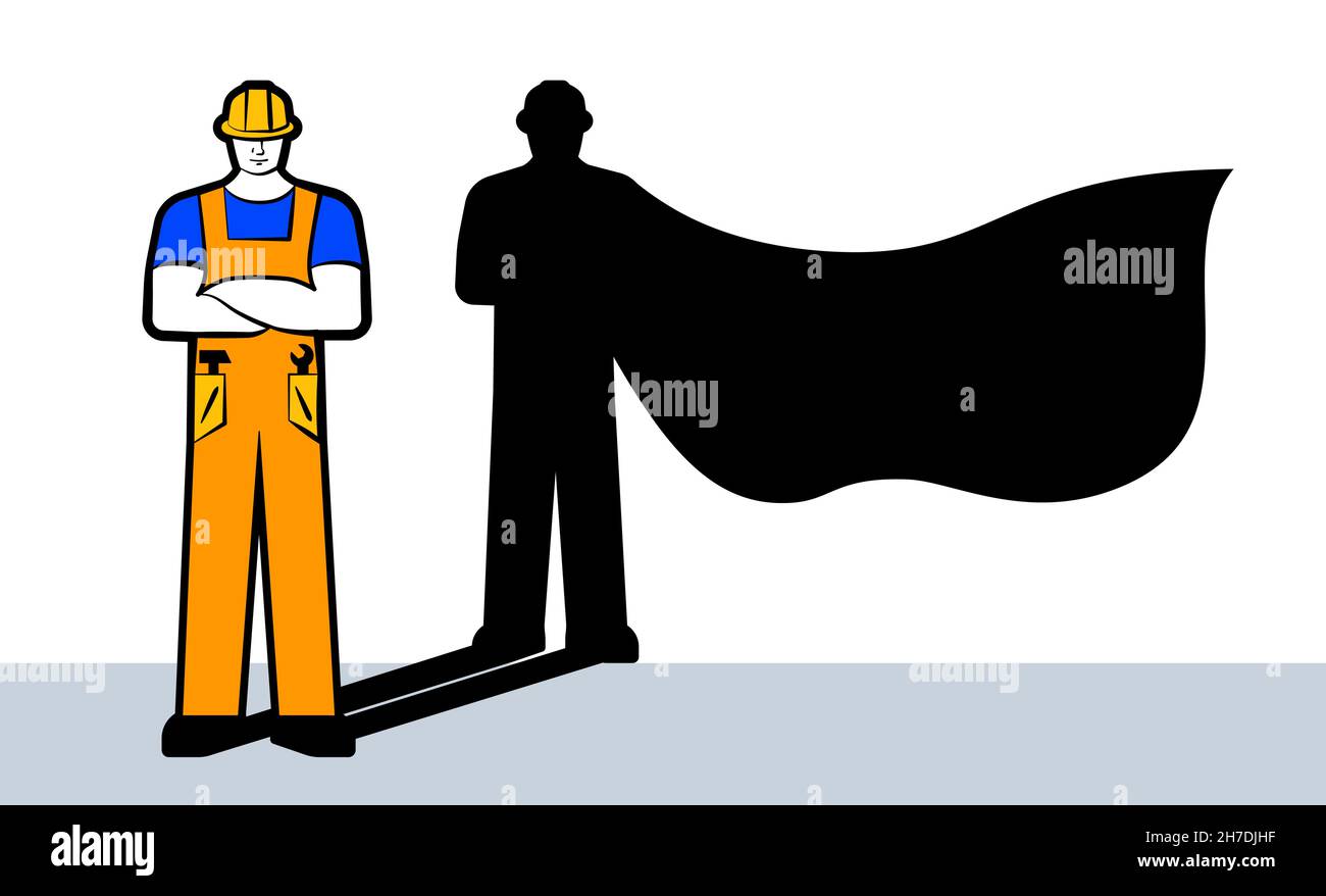 Construction worker with superhero shadow. Builder in helmet like hero ...