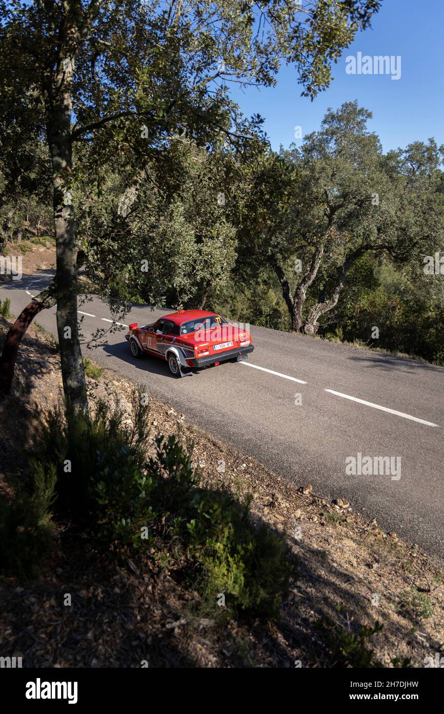 Triumph TR7 taking part in the timed section of the Rally Costa Brava ...