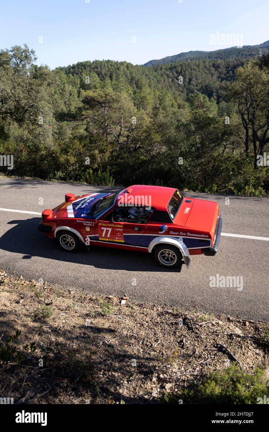 Triumph TR7 taking part in the timed section of the Rally Costa Brava ...