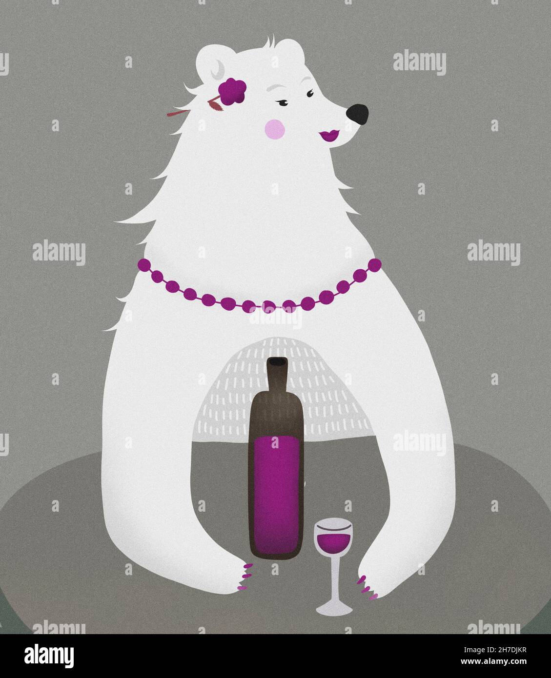 Polar bear is waiting for the holiday. White bear drinking wine ...