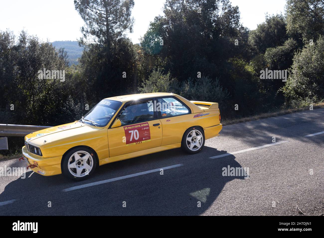 BMW M3 taking part in the timed section of the Rally Costa Brava 2021 in Girona, Spain Stock ...