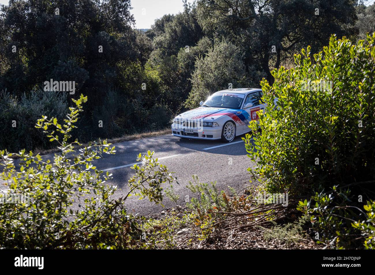 BMW M3 taking part in the timed section of the Rally Costa Brava 2021 in Girona, Spain Stock ...
