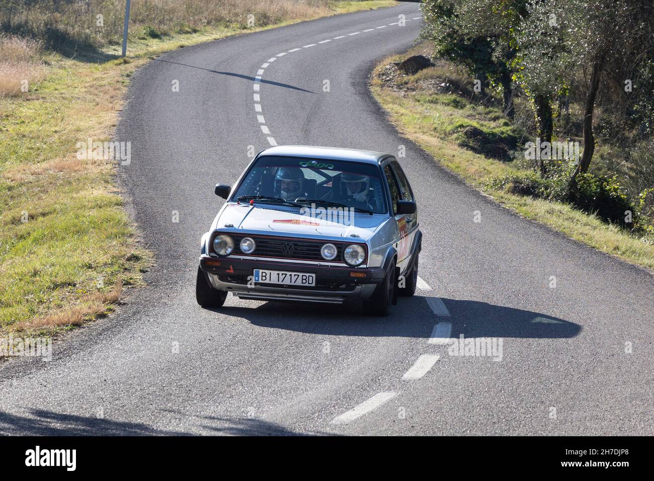 VW Golf 1800 GTi taking part in the timed section of the Rally Costa Brava 2021 in Girona, Spain ...