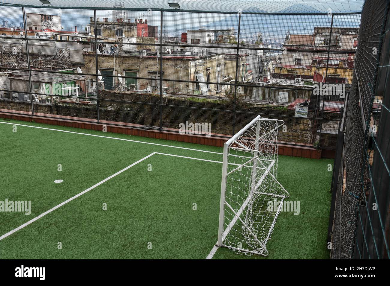 Small football pitch in Naples, Italy, with Mount Vesuvius in the ...