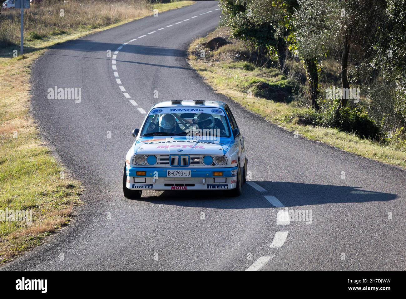 BMW M3 taking part in the timed section of the Rally Costa Brava 2021 in Girona, Spain Stock ...