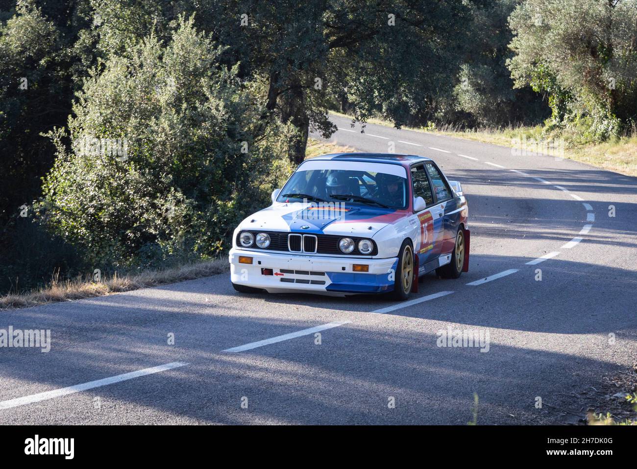 BMW M3 taking part in the timed section of the Rally Costa Brava 2021 in Girona, Spain Stock ...