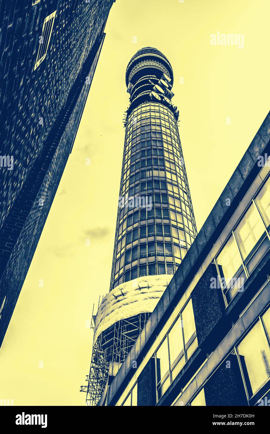 Wide-angle view of the BT Tower in cross processed colour tones Stock ...
